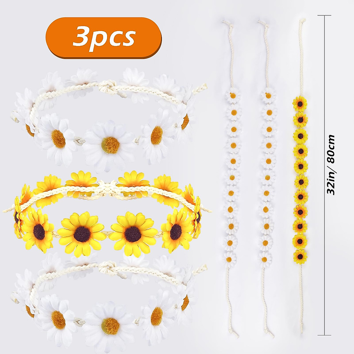 Bnikion 3 Pcs Sunflower Headband Crown Headpiece Daisy Headbands for Women Girl 60s Hippie Boho Hat Accessories Bridal Wedding Summer Beach Party Hair Wreath Garland