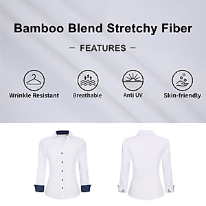 WARHORSEE Womens Button Down Shirt Long Sleeve Work Dress Shirts, V Neck Easy Care Stretchy Business Casual Blouses for Women(Navy,XXL)