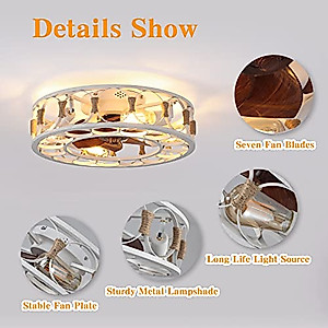 BUXVRCS 19.68'' Flush Mount Caged Ceiling Fan with Lights, Farmhouse Rustic Low Profile Ceiling Fans, 4-Light Vintage Enclosed Ceiling Fan Lighting Fixture Remote Control (Including 5 Bulbs) (White)