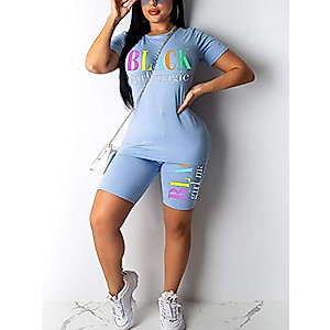 Uni Clau Women's Letter Two-Piece Outfit Tracksuit - Casual Short Sleeve T-Shirts Bodycon Shorts Set Jumpsuit Rompers Light Blue