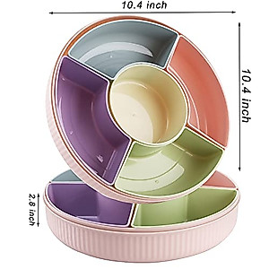SOUJOY 2 Pack Divided Serving Tray with Lid, 11'' Plastic Round Veggie Tray, Reusable 5 Compartment Party Platter for Candy, Appetizer, Snack, Fruit, Nuts, Veggie, Parties