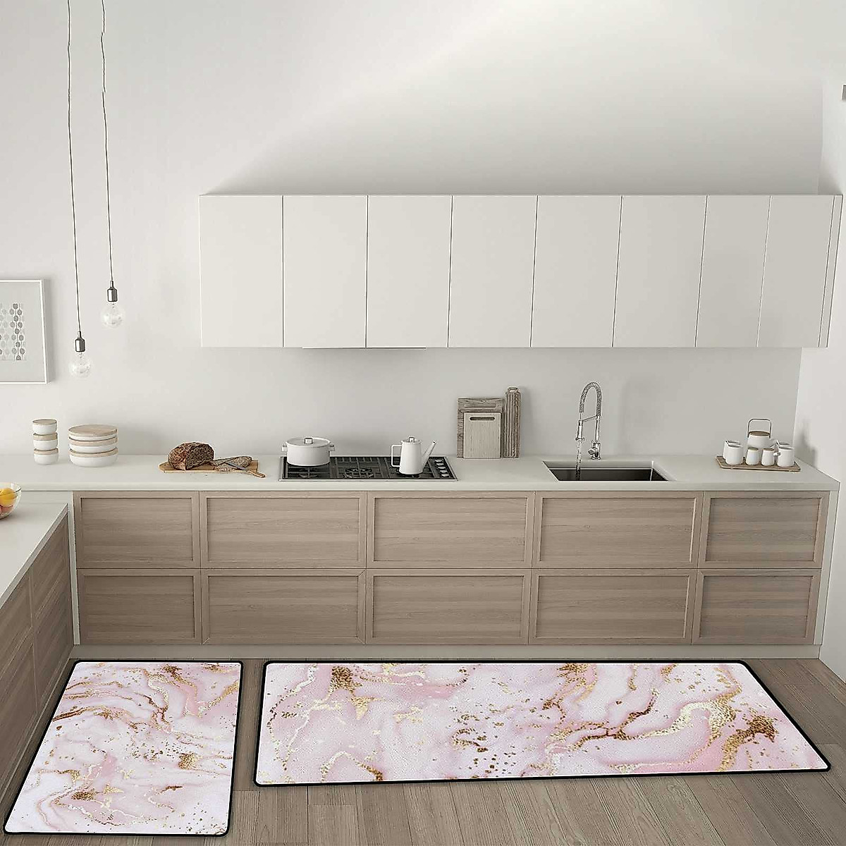 ZKLZI Kitchen Rugs Kitchen Mats for Floor 2 Pieces Liquid Marble Painting Gold Pink Kitchen Mat Set Non Slip Soft Absorbent Coral Velvet Washable Kitchen Rug Set 17.7×29.1Inch + 17.7×58.2Inch
