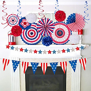 29PCS 4th/Fourth of July Patriotic Decorations Set - Red White Blue Paper Fans,USA Flag Pennant,Star Streamer,Pom Poms,Hanging Swirls Party Decor Supplies