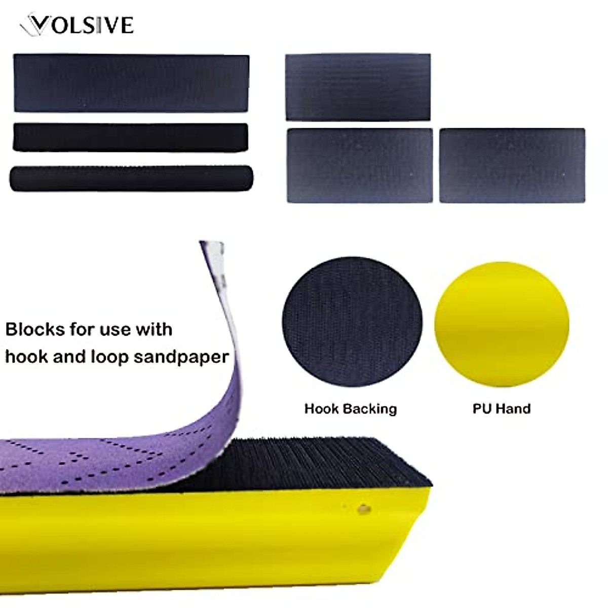 VOLSIVE 7pcs Hand Sanding Block Set, Rectangle Handheld Sanding Pad, Hook and Loop Interchangeable Assorted Shapes, for Sanding or Polishing in Auto Body and Paint Shops - Yellow