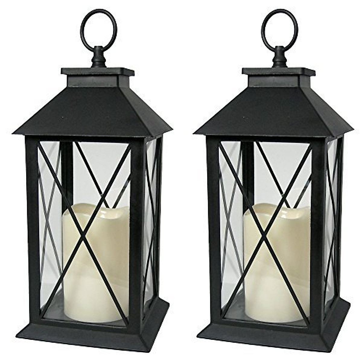 Black Decorative LED Lantern with Cross Bar Design - Pillar Candle with 5 Hour Timer Included - Hanging or Sitting Decoration - Set of 2 - 13"H