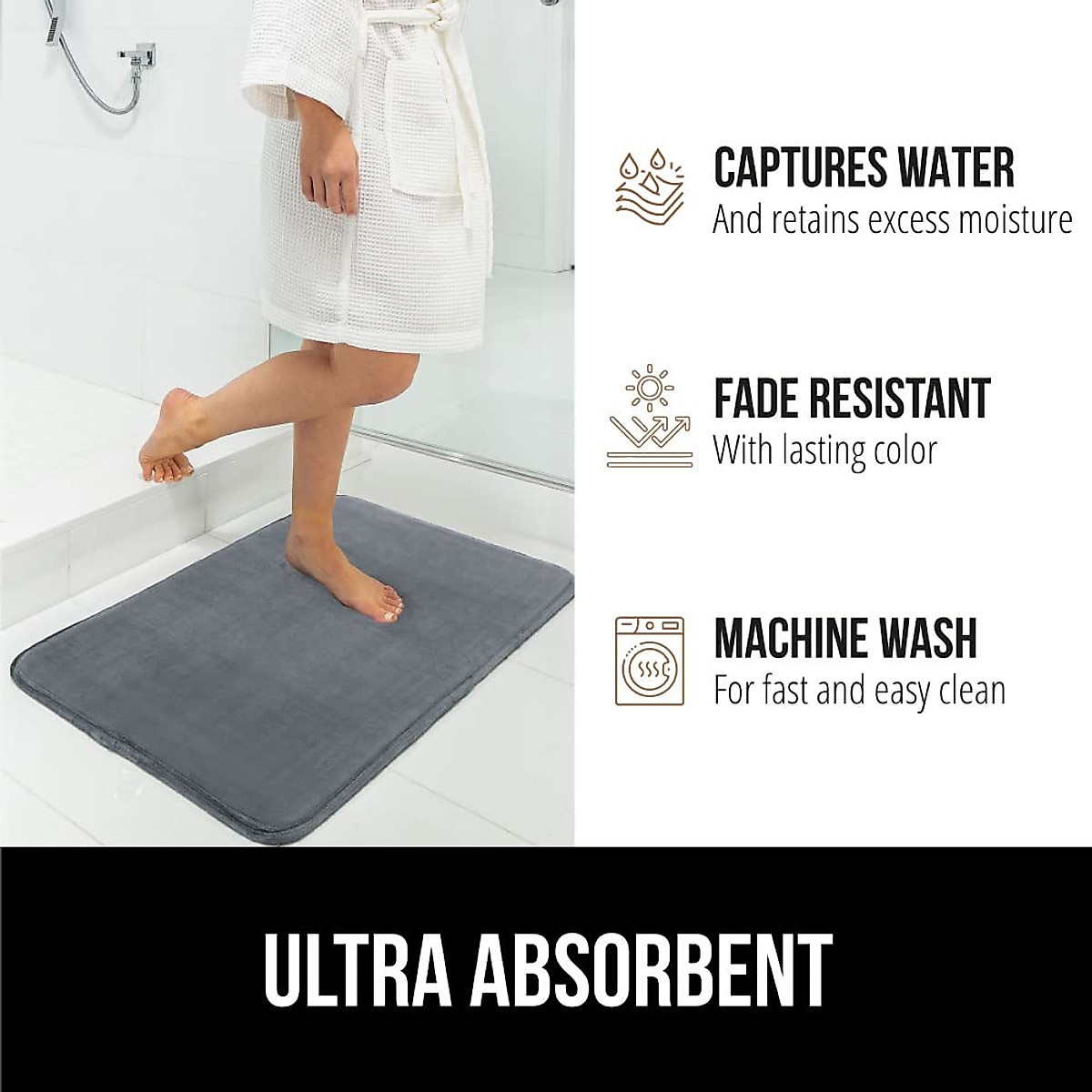 Gorilla Grip Thick Memory Foam Bath Rugs, Soft Absorbent Velvet Bathroom Mats, Durable Dots on Underside, Machine Washable Bathmat, Carpet Rug Room Decor for Shower Floor, 36x24 Mat, Graphite