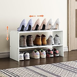 2-Tier Small Shoe Rack Organizer for Closet, Expandable and Adjustable White Shoe Rack, Stackable Iron Wood Combination Shoe Shelves for Closets, Entryway, Small Space, Hallway, Garage