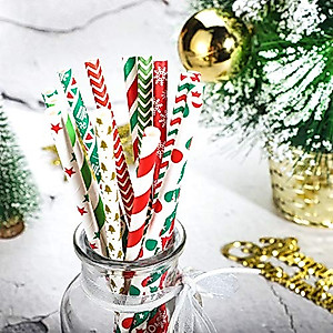 200 Pieces Christmas Holiday Paper Straws Drinking Straws Striped Dot Christmas Tree Pattern Straws for Christmas New Year Party Accessories