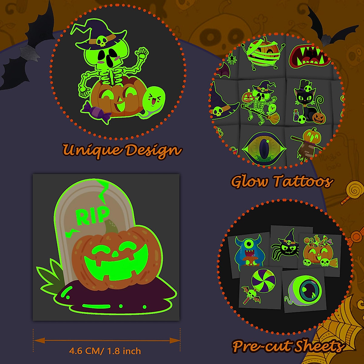 Konsait 96 PCS Halloween Temporary Tattoos for Kids, Pre-cut Glow in the Dark Fake Tattoos Halloween Kids Temporary Tattoos Halloween Party Favors Halloween Decorations Treats non Candy Prizes for Kid