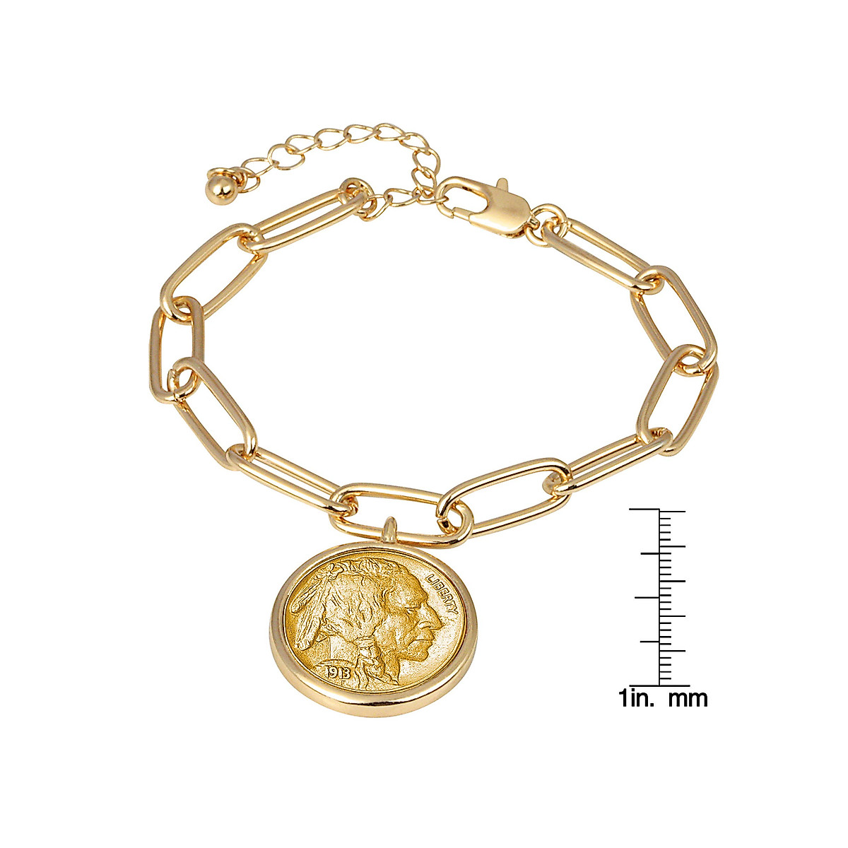 American Coin Treasures Buffalo Nickel Gold-Layered Coin Elongated Link Bracelet | Goldtone Clip Style | 7 Inch 3 Inch Extender with Lobster Claw Clasp | Certificate of Authenticity