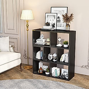 MIN WIN 7 Cube Storage Organizer,3 Tier Wood Bookshelf Free Combination Cubby Bookcase Open Standing Book Shelf Cabinet Display Cube Shelves TV Console Stand for Study Living Room,Black