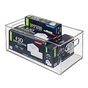 mDesign Deep Plastic Storage Organizer Container Bin, Office Organization for Filing Cabinet, Cupboard, Shelves, and Desk - Holds Notepads, Pens, Pencils, Highlighters, and Staplers - 2 Pack - Clear