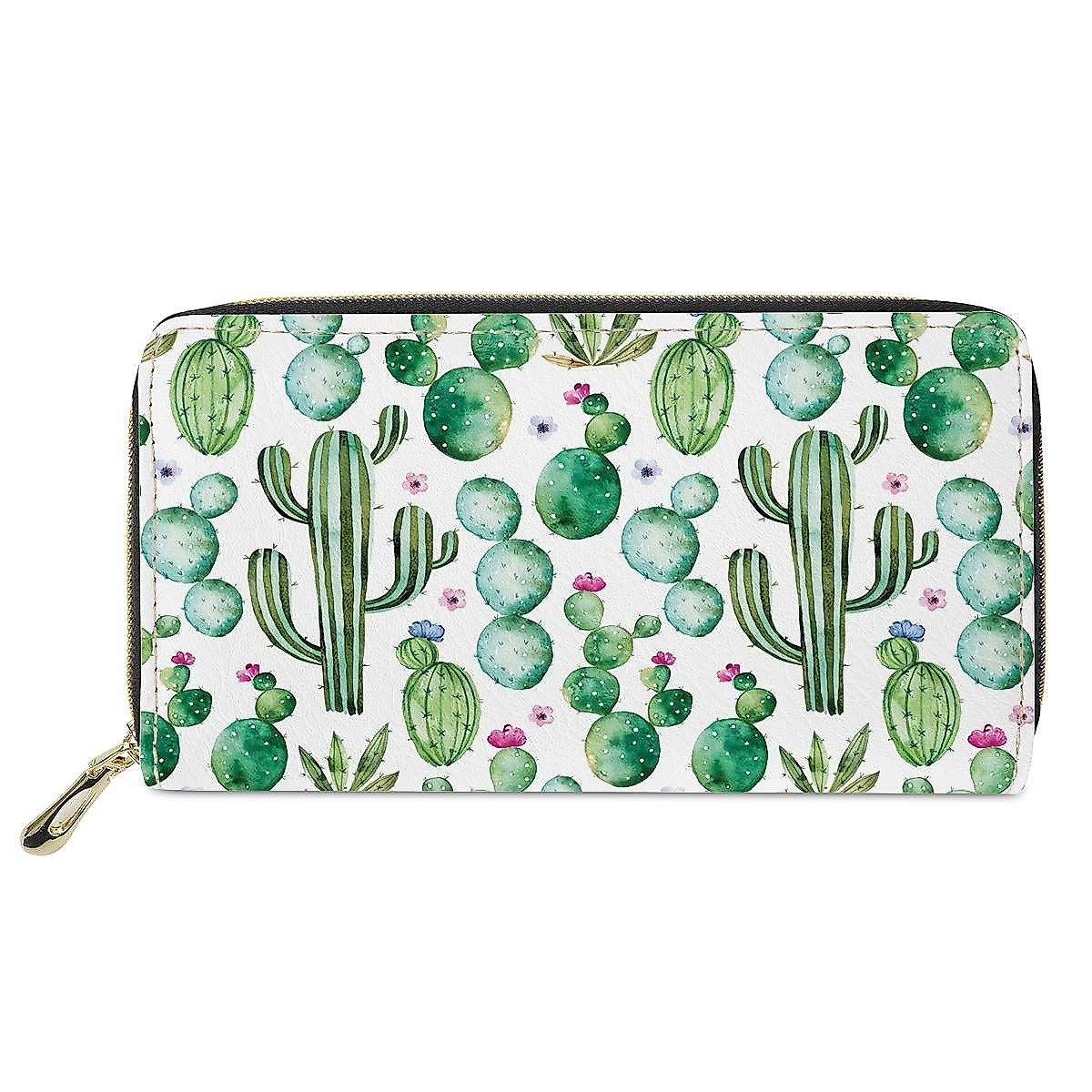 Freewander Green Cactus Flower Wallet Handbag Clutch Bag Women Purse Money Manager Plenty of Room Gift for Wife