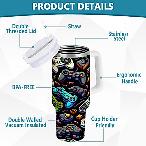 Jihqo Various Gamepads 40 oz Stainless Steel Vacuum Insulated Tumbler with Handle and Straw Lid, Leakproof Water Bottle Double Wall Travel Mug Coffee Cup, Cupholder Friendly