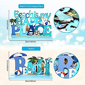 2 Pcs Beach Sign Ocean Sea Animal Party Decor Beach is My Happy Place Plaque Sign Wooden Table Decorations for Coastal Theme Interior Beach House Home Beach Bathroom Decor, 7.87 x 4.72 Inch