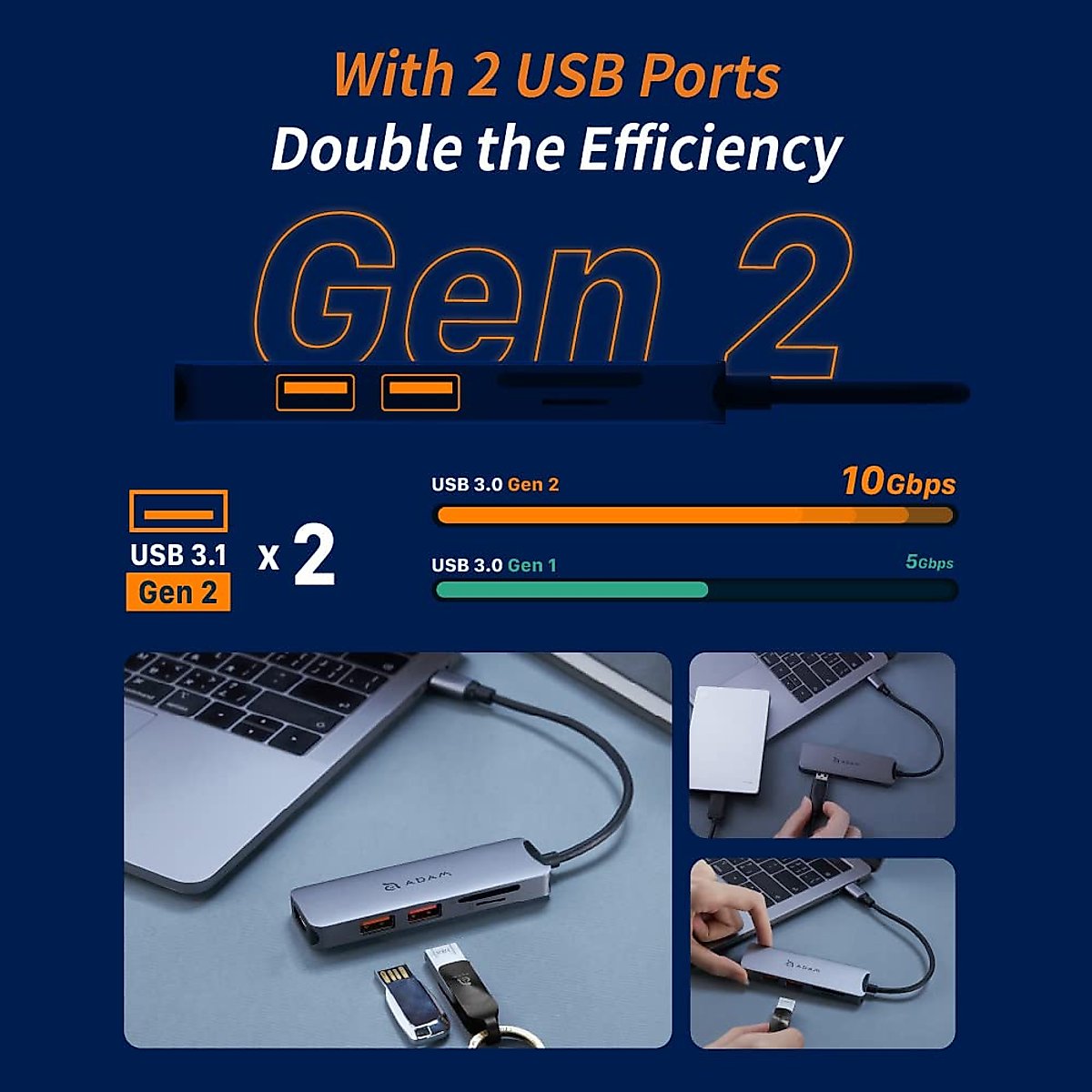 ADAM elements USB-C Gen2 Hub/Laptop Docking Station – CASA Hub A05 5in1 Multiport Adapter for Mac & PC Series - USB-A 3.1 Gen2 x2, HDMI, SD & microSD Card Reader