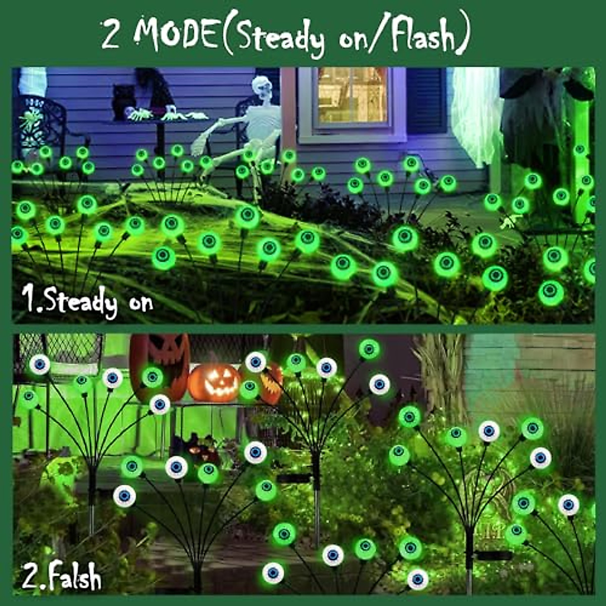 Halloween Decorations Outdoor Solar Lights, 2PACKS 12LED Green Eyeball Swaying Firefly Lights, Waterproof Solar Halloween Pathway Lights for Yard, Garden, Lawn, Lawn, Party