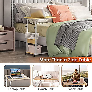 TeqHome C Shaped End Table, Height Adjustable C Side Table with Metal Frame, 4 Wheels and Storage Shelves, Rustic Snack TV Tray Table for Couch, Bed, Sofa, Living Room, Bedroom (Wood Color)