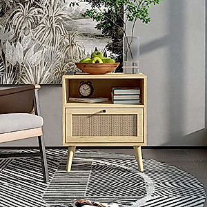 Rattan Nightstand with Drawer and Open Storage Shelves, Wood Finish End Table, Accent Side Table for Living Room, Bedroom