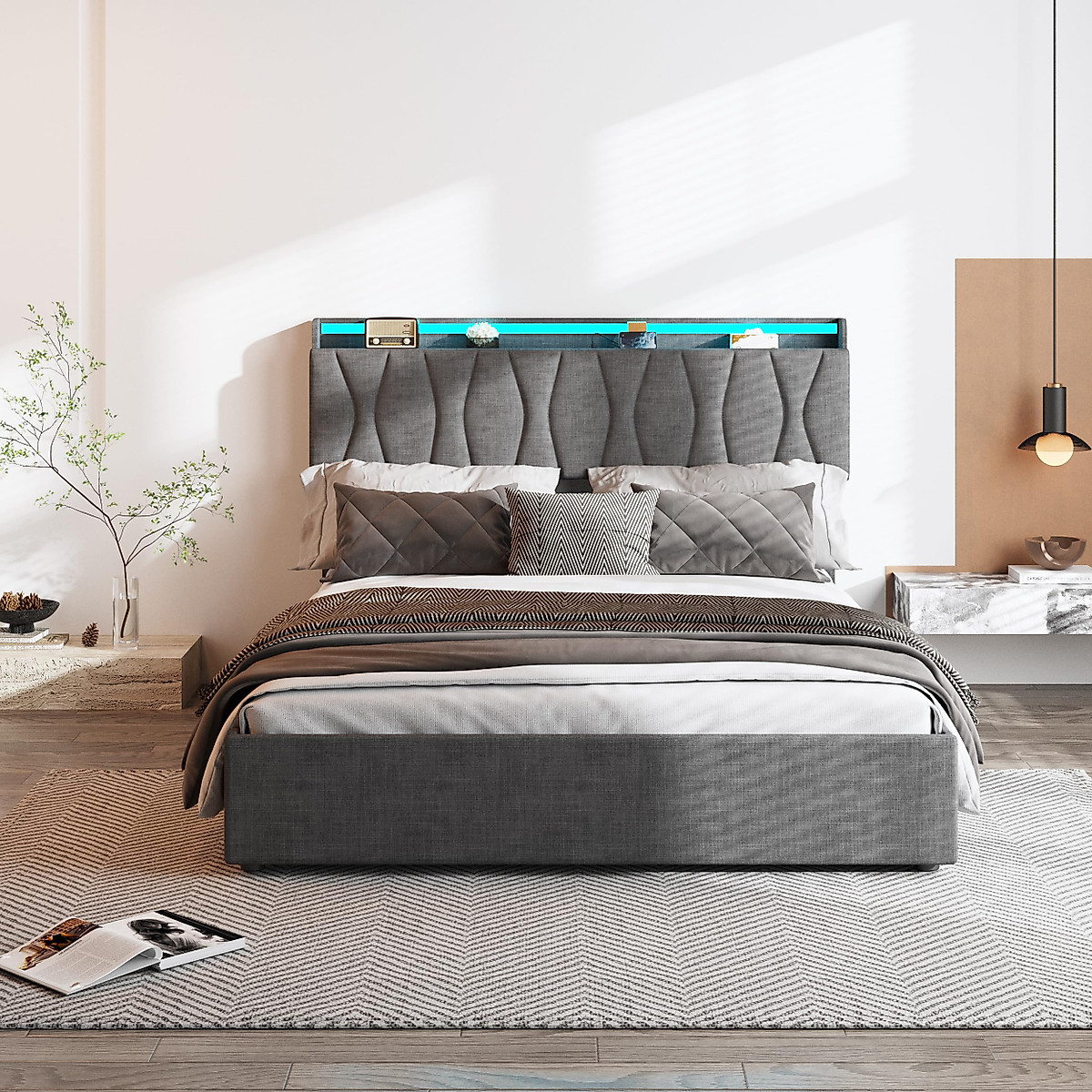 Queen Size Lift Up Storage Bed Frame, Height Adjustable Storage Headboard with Charging Station, LED Lights Upholstered Platform Bed, Wooden Slat Support, No Box Spring Needed, Noise-Free, Dark Grey
