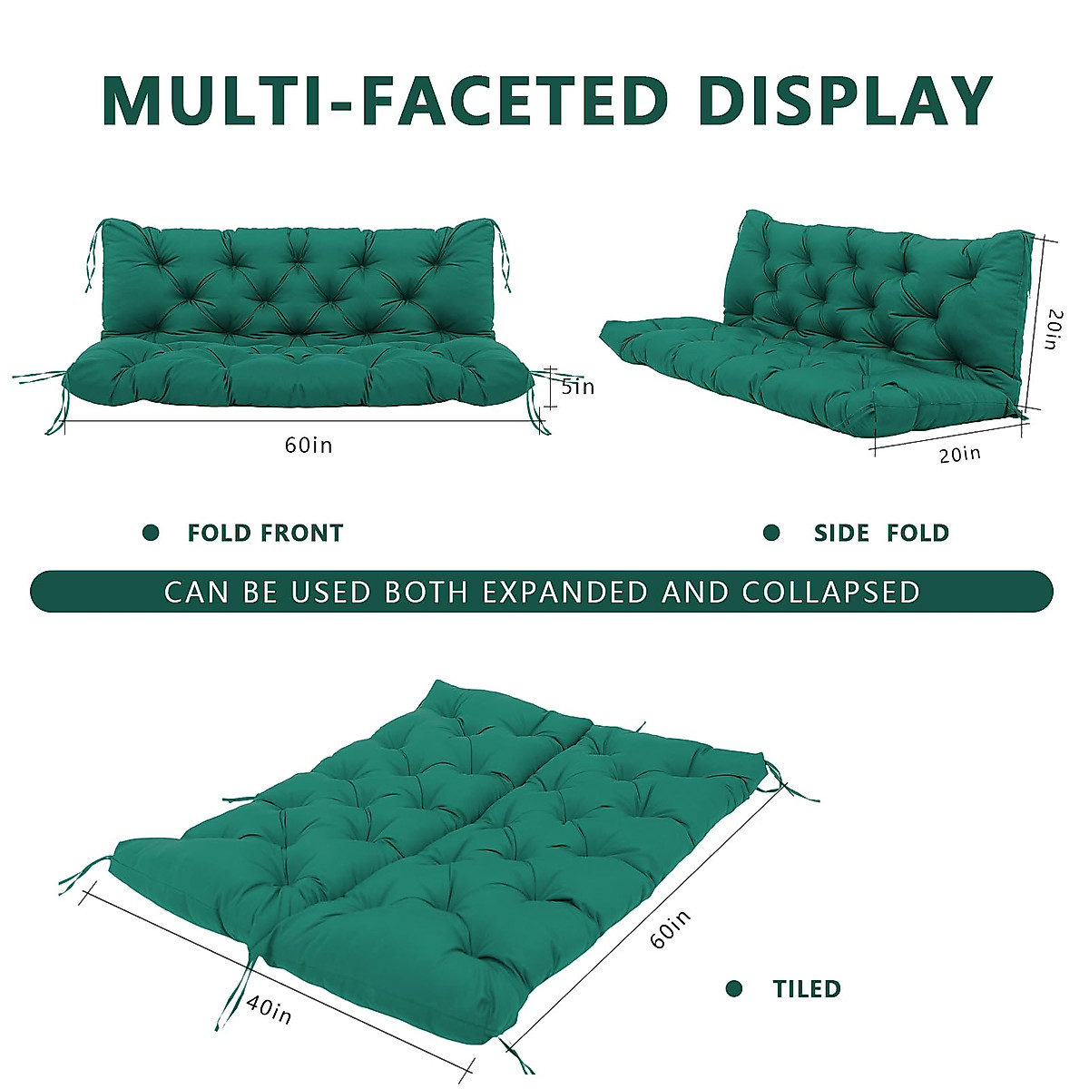 Porch Swing Cushions Waterproof Outdoor Swing Cushions 2-3 Seater Thicken 5" Dark Green Patio Swing Cushion with Backrest 60 ×40" Swing Replacement Cushion for Outdoor Furniture