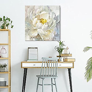 SEVEN WALL ARTS Flower Canvas Wall Art Peony Floral Pictures Set Abstract White and Yellow Blossom Paintings for Bedroom Bathroom Kitchen Office Living Room Wall Decor 24"x24"x2pcs