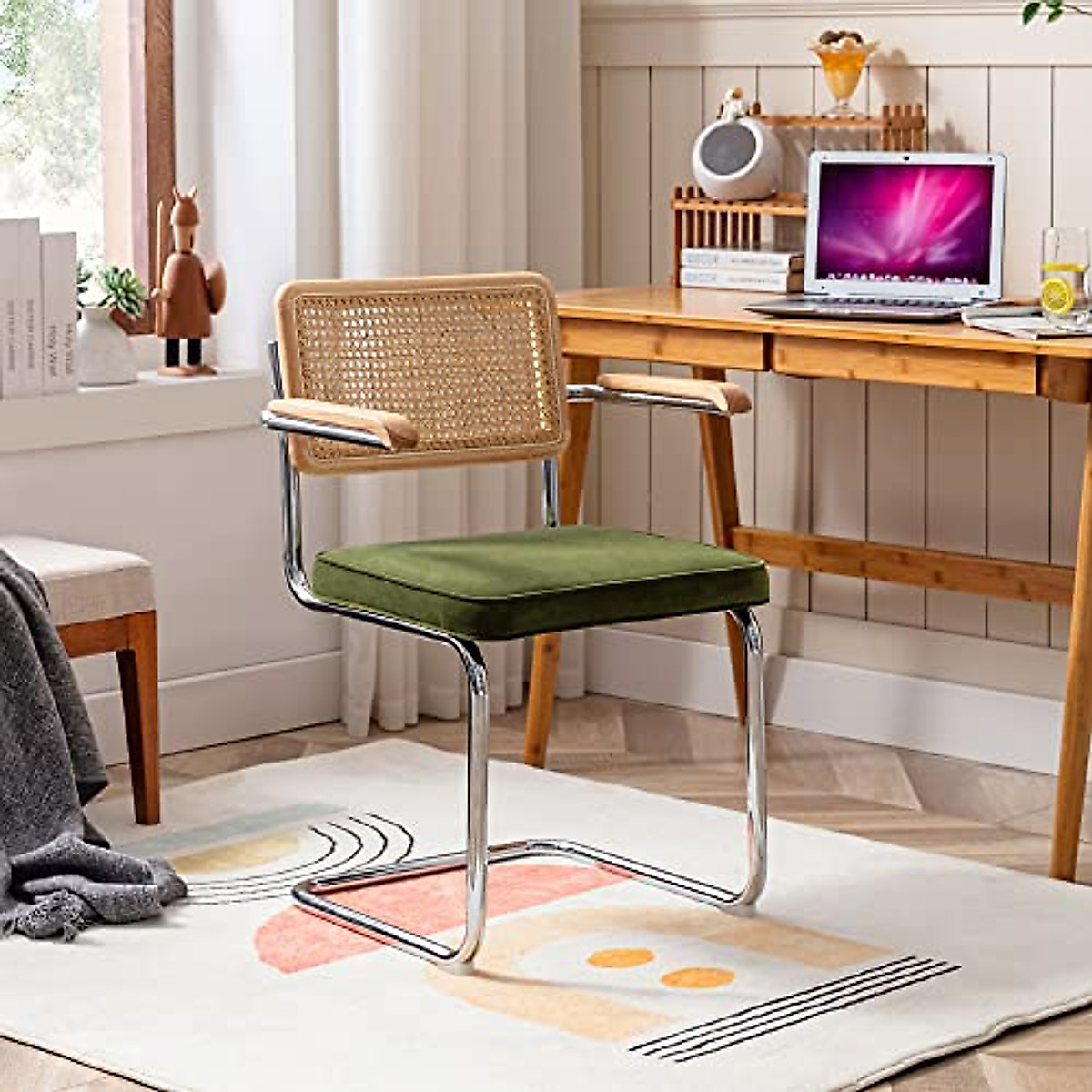 Zibeths Olive Green Dining Chairs, Cane Back Side Chairs with Armrest, Cesca Dining Chairs Set of 2, Velvet Upholstered and Chrome Legs for Dining Room, Living Room, Kitchen