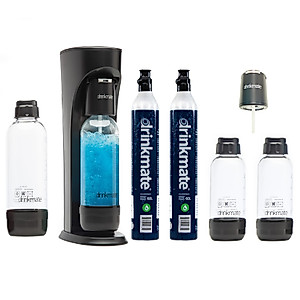 Drinkmate OmniFizz Sparkling Water and Soda Maker, Carbonates Any Drink, PARTY PACK - Includes two 60L CO2 Cylinders, three Carbonation Bottles, and two Fizz Infusers (Matte Black)