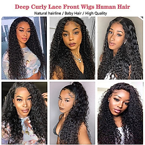 26 Inch Deep Wave Lace Front Wigs Human Hair Wigs for Black Women 180% Density HD Transparent 13×4 Lace Front Glueless Wigs Human Hair Pre Plucked with Baby Hair Deep Curly Lace Frontal Human Hair Wig