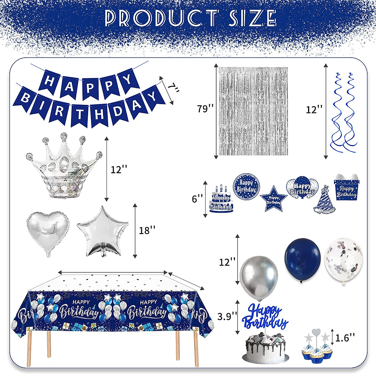 Navy Blue and Silver Birthday Decorations for Men Women, Blue Birthday Decorations for Men with Happy Birthday Banner Tablecloth Balloons Fringe Curtains Hanging Swirls Cake Toppers