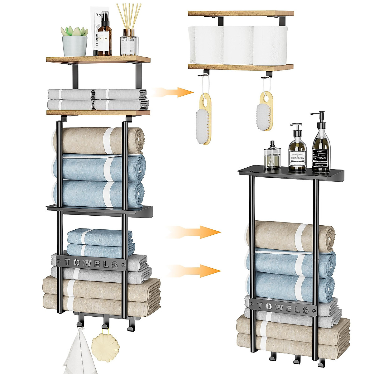 ATSKIM Wall Mounted Towel Rack for Rolled Towel, 2-Tier Detachable Wooden Shelf Bath Towel Organizer and Storage for Small Bathroom, Towel Holder for Bathroom Wall with Middle Partition (Black)