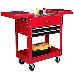 HPDMC Steel Tool Service Utility Push Cart with Lockable Drawers & Sliding Top, 27.8" L x 14.6" W x 32.7" H, 212 lbs Loading Capacity, 2-Drawer Garage Workshop Rolling Storage Tool Chest