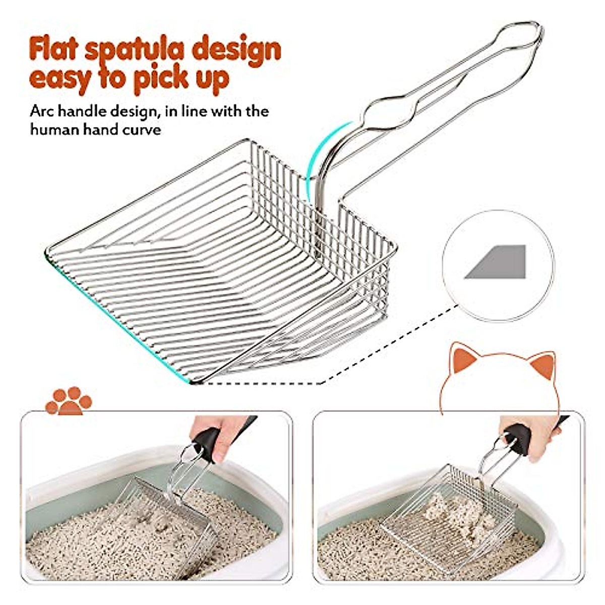 Ownpets Non-Stick Cat Litter Scoop with Foam Handle, Durable Coated Metal Litter Scooper with Deep Shovel, Carabiner & Comfy Foam Grip for Fast Sifting & Instant Cleaning