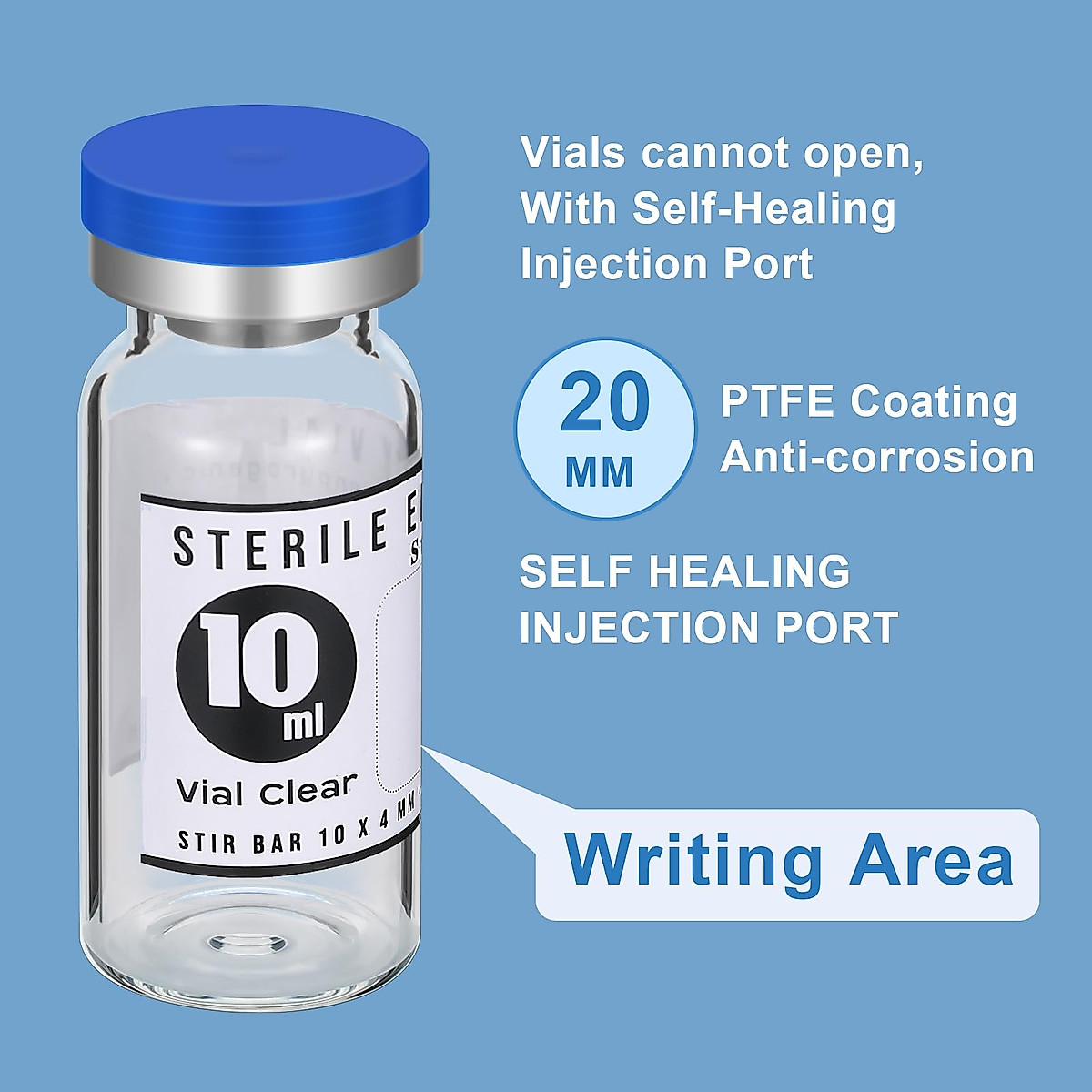 Threlaco 20 Pcs 10ml Sealed Sterile Empty Vials with Self Healing Injection Port Glass Penicillin Bottle with 20 Label Stickers
