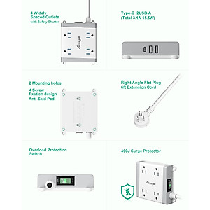 Alitayee Mountable Surge Protector Power Strip, Wall Mount Power Strip with 4 Outlets and 3 USB, Flat Plug, Shutter Safety and Circuit Breaker Switch, 6 Ft Extension Cord for College Home Office Dorm