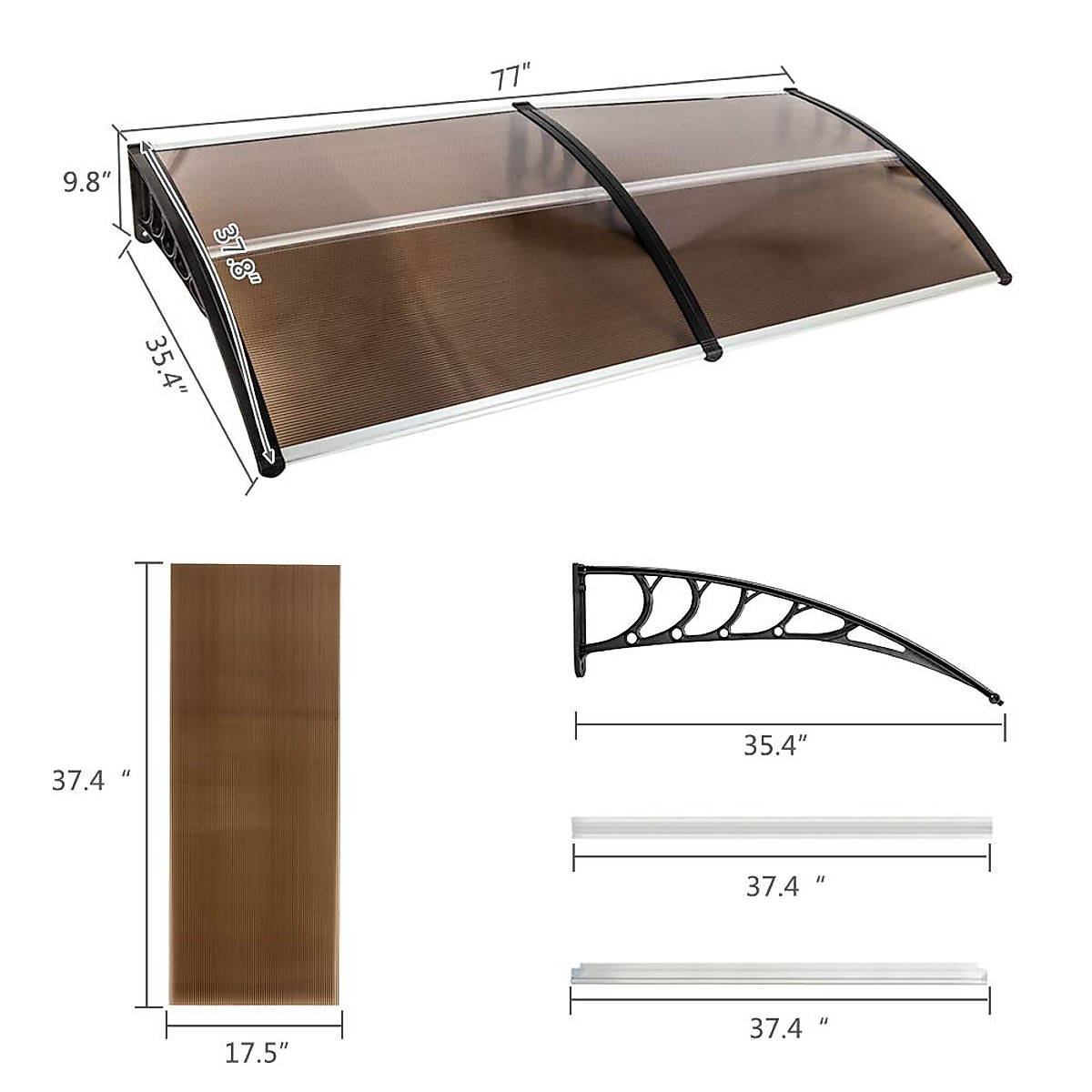 Outvita Window Awning Door Canopy 77"x35.4", Polycarbonate Cover Front Door Outdoor Patio Awning Canopy UV Rain Snow Sunlight Protection Hollow Sheet, Brown Board & Black Bracket