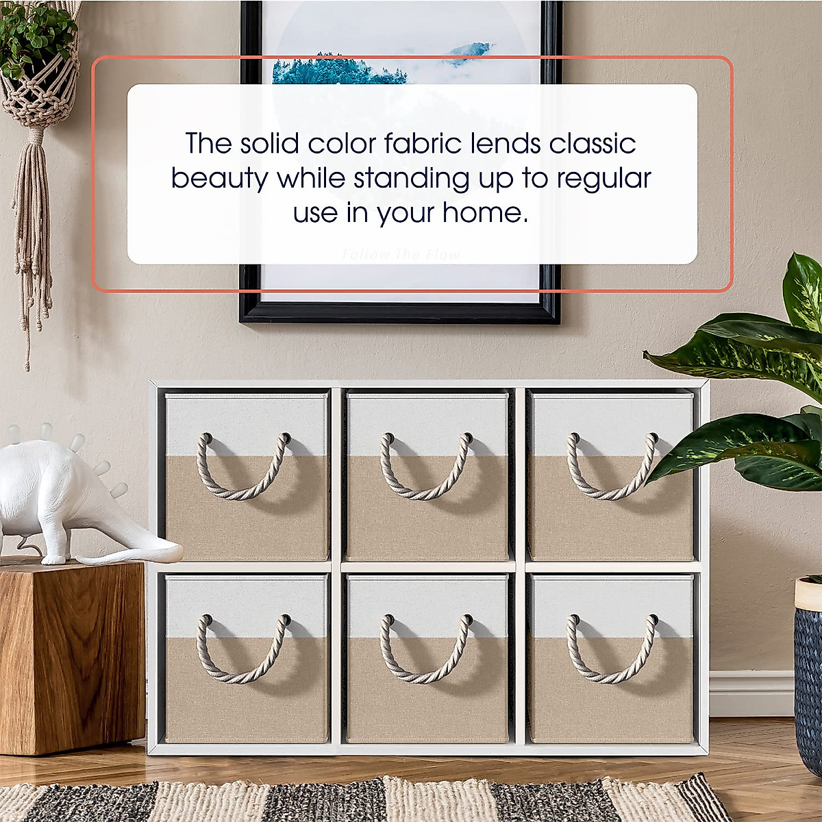 Ornavo Home Foldable Collapsible Storage Box Bins Linen Fabric Shelf Basket Cube Organizer with Rope Handles - Set of 6 - 13 x 13 x 13 - White/ Khaki