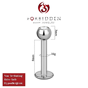 Forbidden Body Jewelry 16g Titanium 8mm Tragus Earring, Helix Earring and Labret Piercing Stud with CZ Crystal