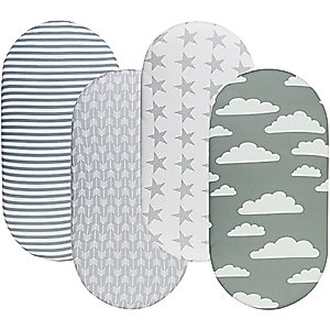 Bassinet Fitted Sheets 4 Pack for Baby Boy and Girl, Stretchy Soft Knitted Sheet Universal for Hourglass Oval and Rectangle Bassinet Mattress, Unisex Stripe Star Cloud and Arrow Printing