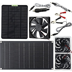2 Sets Solar Powered Panel Fan Kits, 10W Solar Panel Dual Fan and DC USB Single Fan Car Charger IPX7 Waterproof for Small Chicken Coop, Dog House, Shed, Greenhouse, Window Exhaust