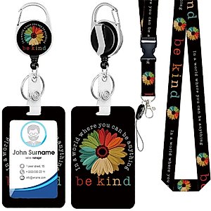 Id Badge Holder with Breakaway Lanyard, Positive Badge Holder with Reel Retractable Detachable Name Card Tag Vertical ID Protector Badge Reel for Nurse Doctor Office Employees Women (Be Kind)