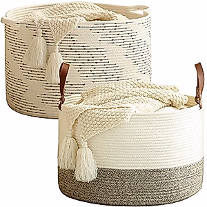 KAKAMAY Large Cotton Rope Blanket Basket (20"x13"),Woven Baby Laundry Hamper，Blanket Basket for Nursery, Laundry, Living Room, Pillows, Toys with Handles （White）