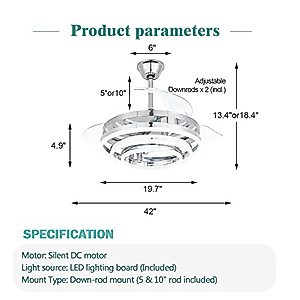 Cusp Barn 42" Retractable Ceiling Fan, Silent DC Motor Modern Ceiling Fan with Lights and Remote, 6 Speed Modern LED Ceiling Fan for Bedroom Living Room