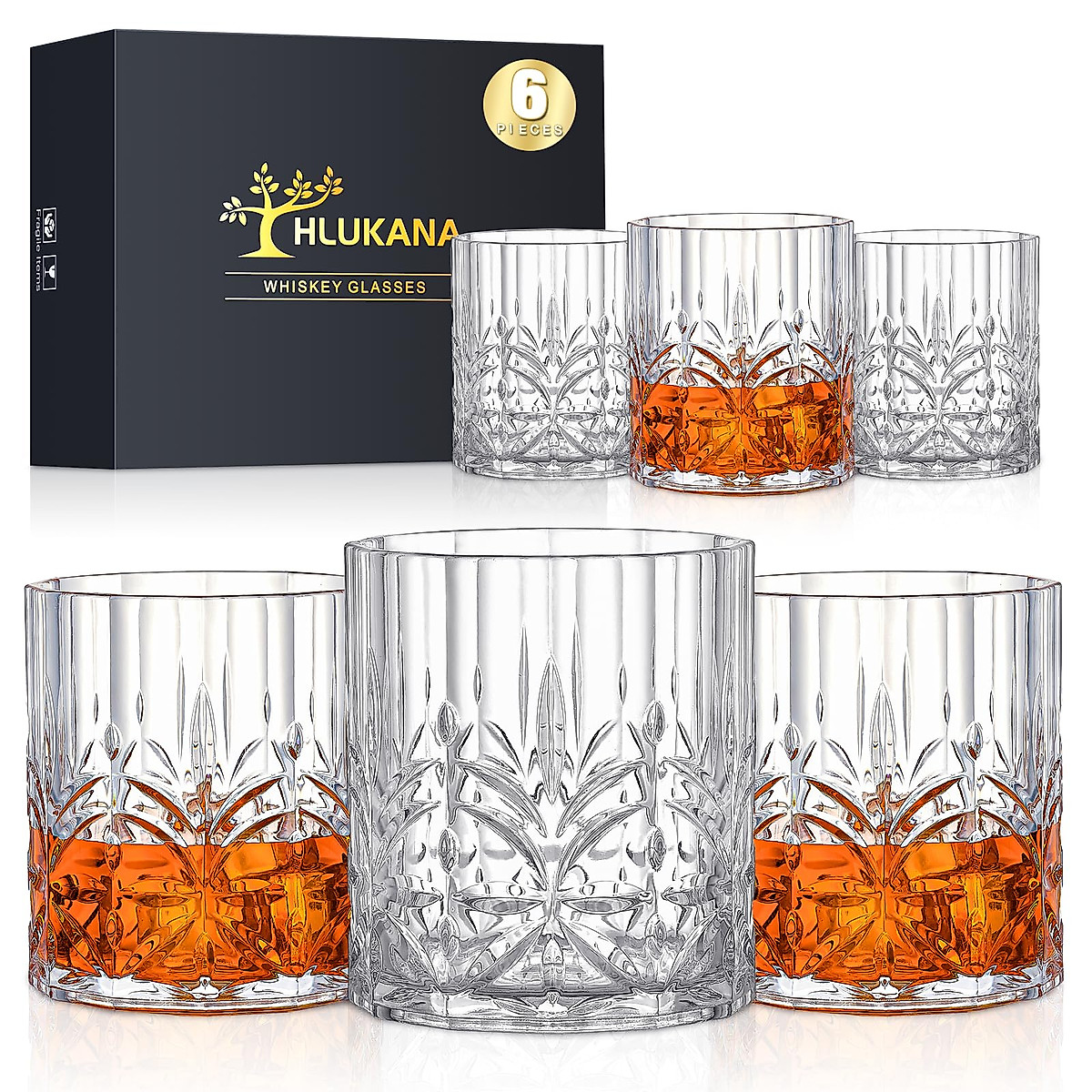 Hlukana Unbreakable Plastic Whiskey Glasses Set of 6, 14 Oz Old Fashioned Glasses for Scotch Cocktail Rum Bourbon Vodka Liquor, Unique Gifts for Men, Reusable, Clear, BPA-free, Dishwasher Safe