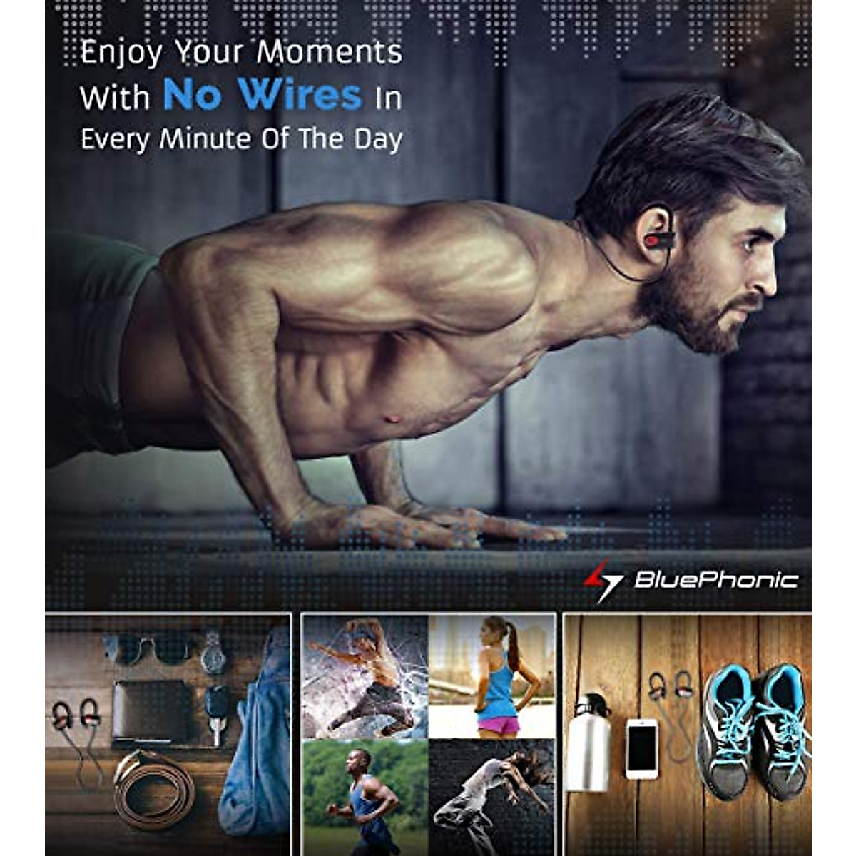 BluePhonic Bluetooth Earbuds Headphones, Best Wireless Sports Earbuds w/Mic HD Stereo Sweatproof Earphones for Gym Running Workout IPX7 Waterproof Noise Cancelling Earphones Noise Cancelling Headsets