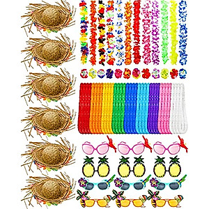 SATINIOR 84 Pieces Hawaiian Luau Party Accessories Hawaiian Leis Bulk Beachcomber Straw Hat Luau Party Sunglasses Tropical Flower Hair Clips and Plastic Leis Set for Summer Beach Costume Supplies
