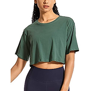 CRZ YOGA Women's Pima Cotton Workout Crop Tops Short Sleeve Yoga Shirts Casual Athletic Running T-Shirts Graphite Green Small