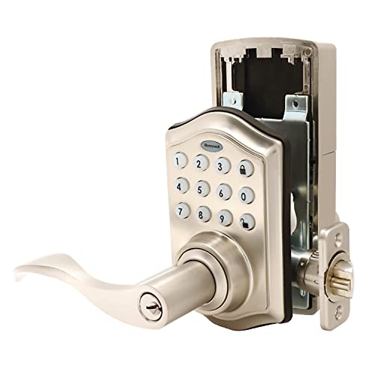 Honeywell Safes & Door Locks - Keyless Entry Lever Door Lock Handle with Electronic Keypad - Easy to Install for Front Door Lock with Code - 50 User Pin Codes - Satin Nickel, 6.5 x 8.8 x 9 in, 8734301