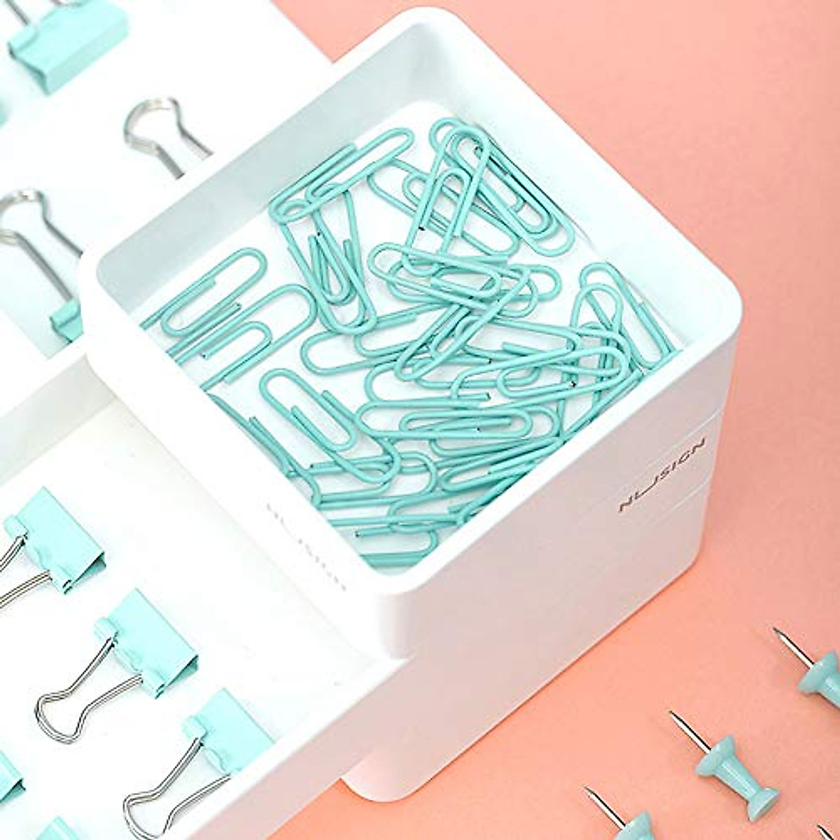 4-in-1 Boxed Binder Clips and Paper Clips Thumbtacks Set Assorted Sizes Small Medium Mini Paper Clamps Bulk for Office School Supplies Teachers Classroom Daily use (Light Green)