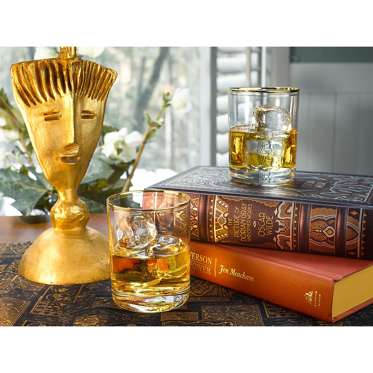 Burns Glass Old Fashioned Glass Cups, Whiskey Glass Set, Gold Rim, 11.75 Oz. (Set of 4)